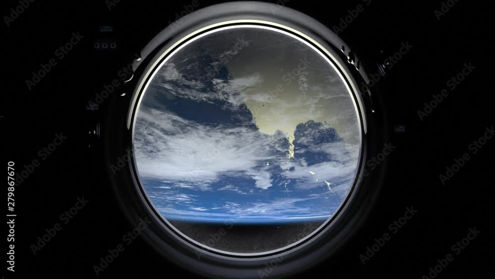 Earth through the porthole window of spaceship. International space ...