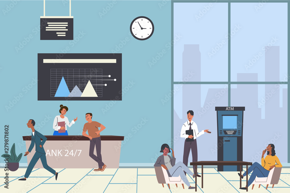 Banking flat vector illustration. Bank staff and clients in office ...