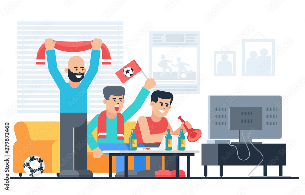 Football fans flat vector illustration. Sport fans with soccer ...