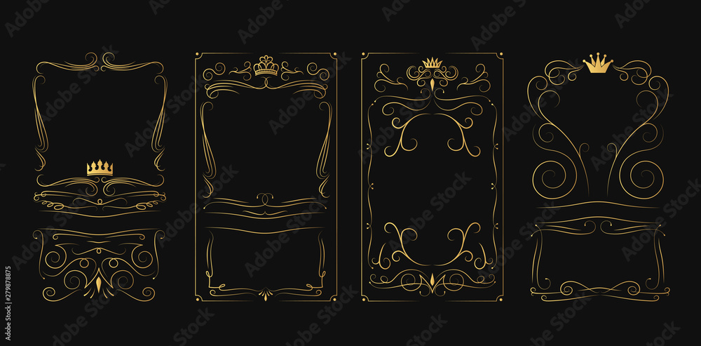 Set of golden vintage royal labels for bottle. Hand drawn alcohol frame ...