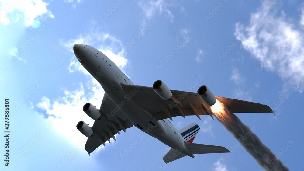 The engine of the aircraft caught fire and burns with the release of ...