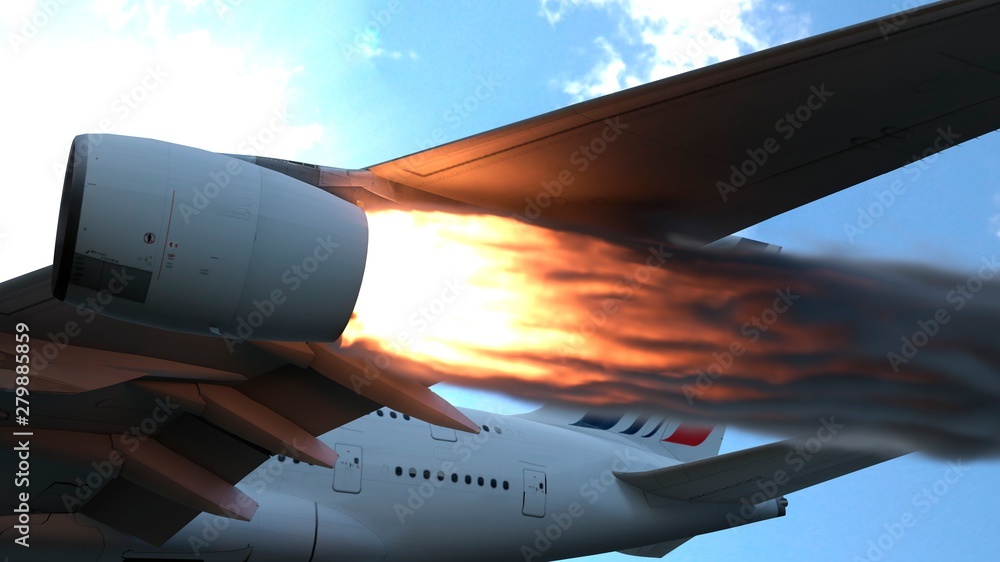 The engine of the aircraft caught fire and burns with the release of ...