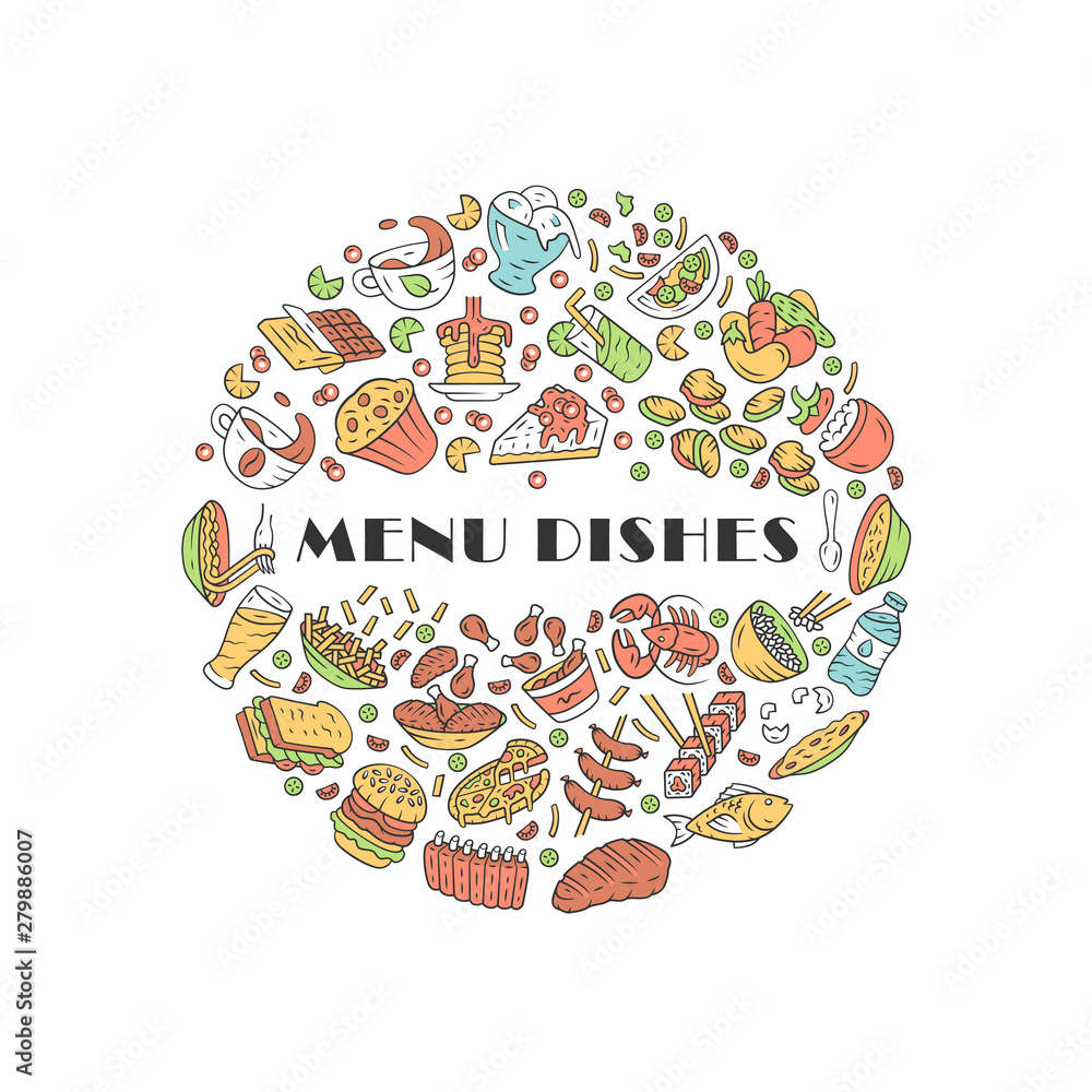 Menu dishes word concept banner. Fast food, seafood, desserts and ...