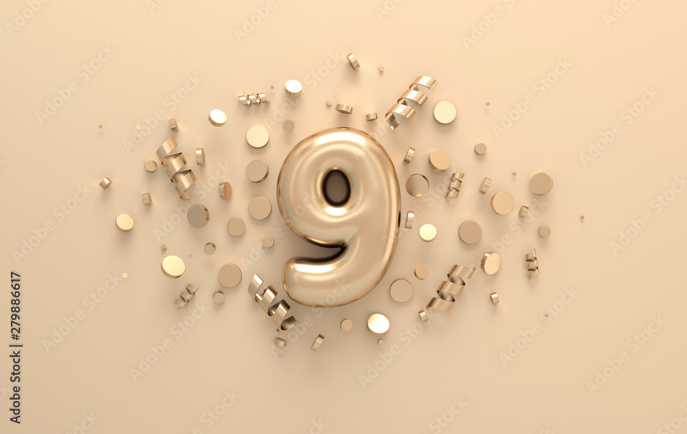 Golden 3d number 9 with festive confetti and spiral ribbons. Poster ...