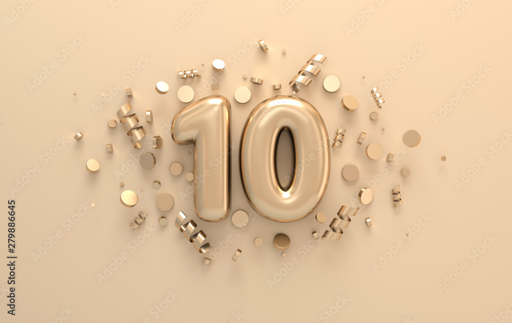 Golden 3d number 10 with festive confetti and spiral ribbons. Poster ...