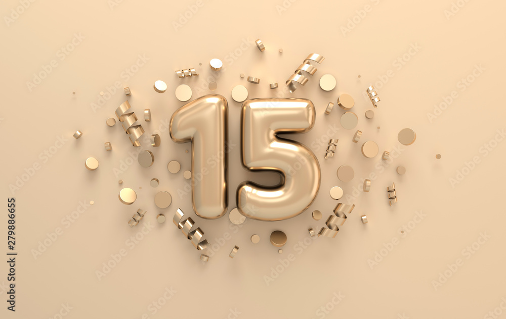 Golden 3d number 15 with festive confetti and spiral ribbons. Poster ...