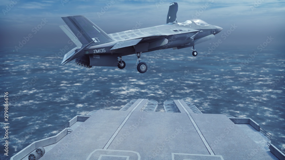F-35 fighter takes off vertically from the aircraft carrier. 3D ...