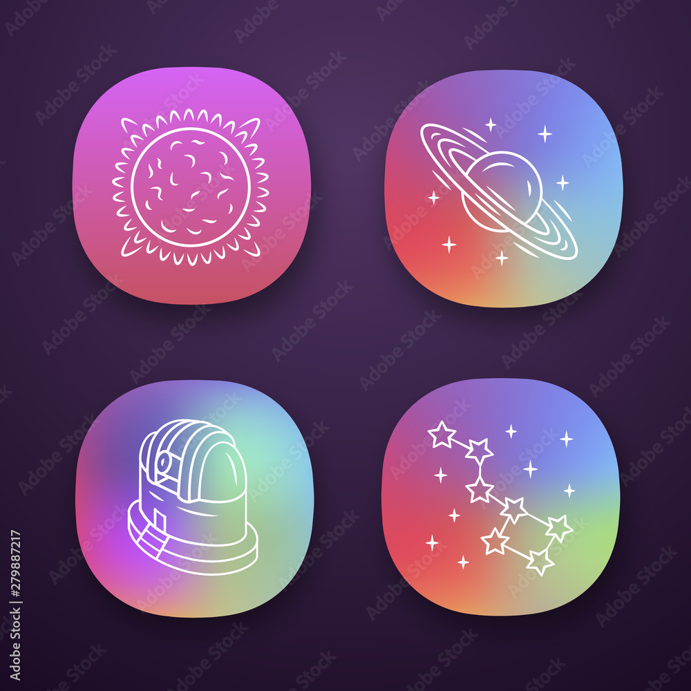 Astronomy app icons set. Space exploration. Sun, Saturn, observatory ...