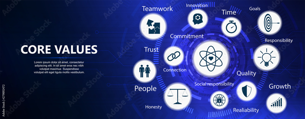 Core Values outline banner with keywords and icons, website banner ...
