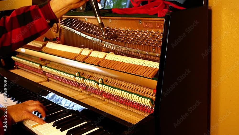 Technician tuning an upright piano by playing black and white keys and ...