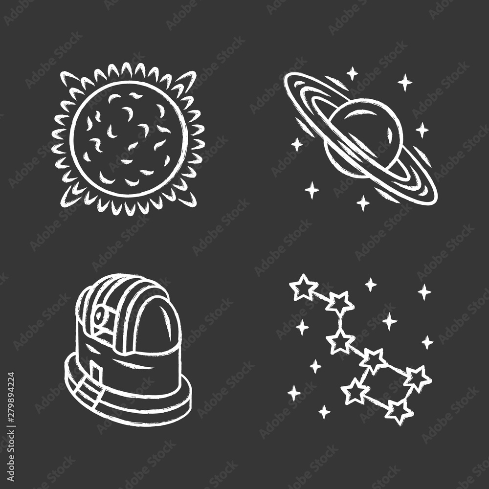 Astronomy chalk icons set. Space exploration. Sun, Saturn, observatory ...