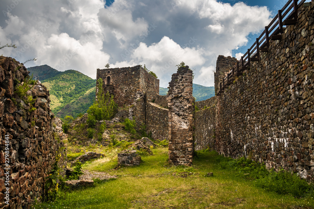 Interior of ruins of medieval fortress Maglic on top of hill by the ...
