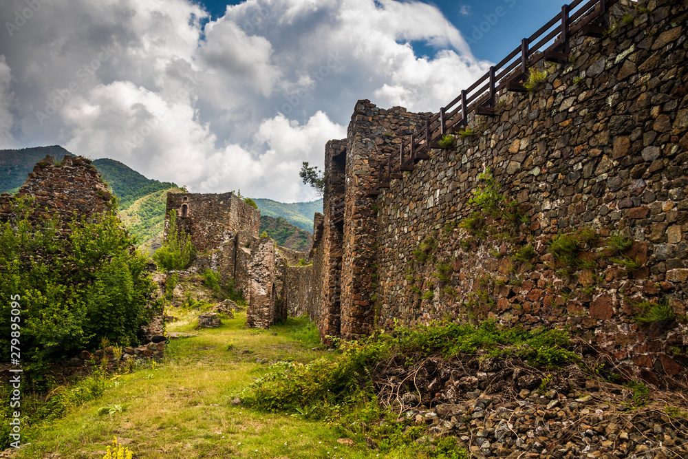 Interior of ruins of medieval fortress Maglic on top of hill by the ...