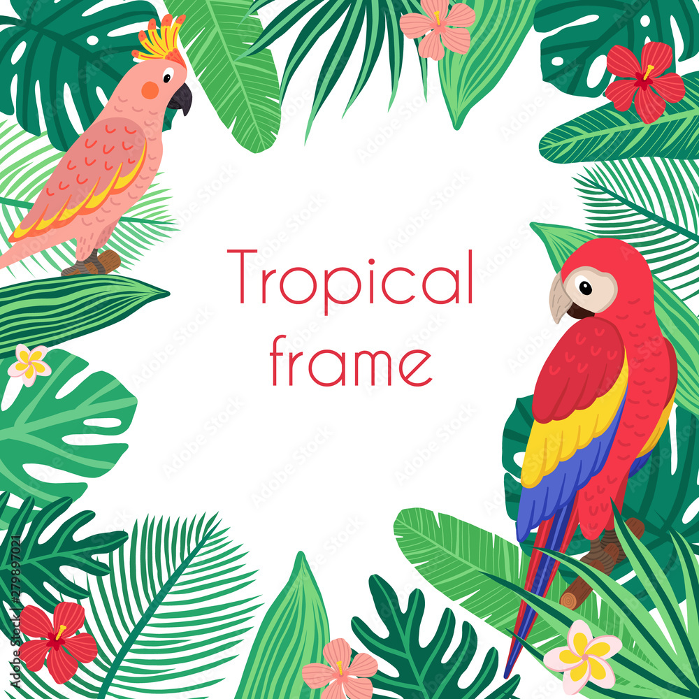 Vector square frame with tropical birds and leaves. Exotic parrot ...