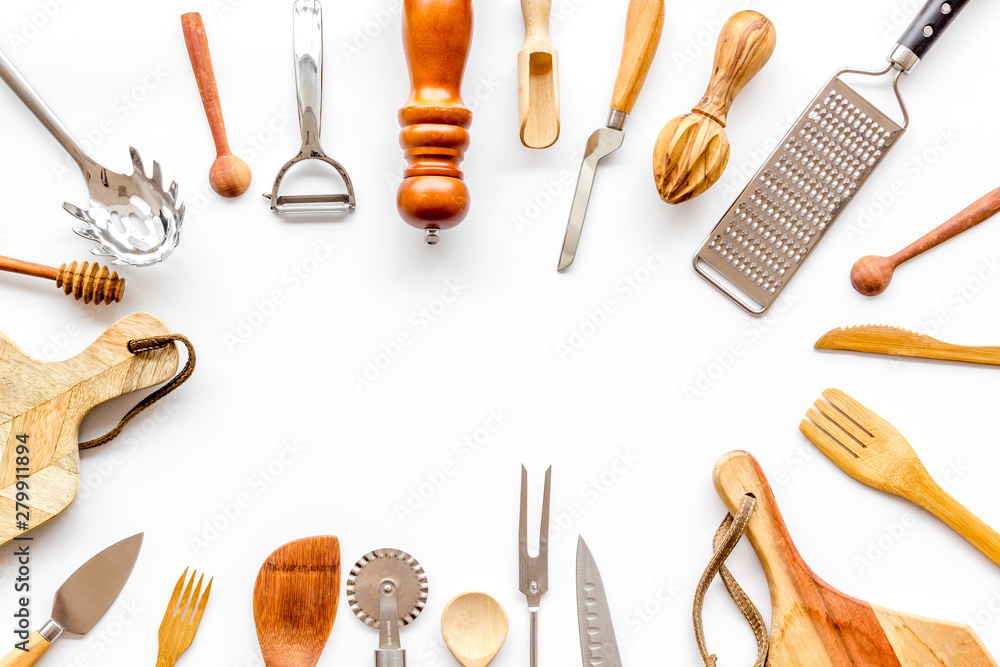 Chef work space with cookware frame on white background top view mock ...