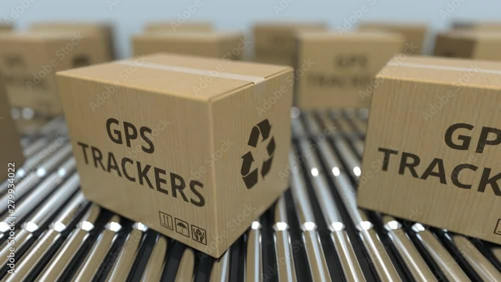 Cartons with GPS trackers on roller conveyors. Loopable 3D animation ...