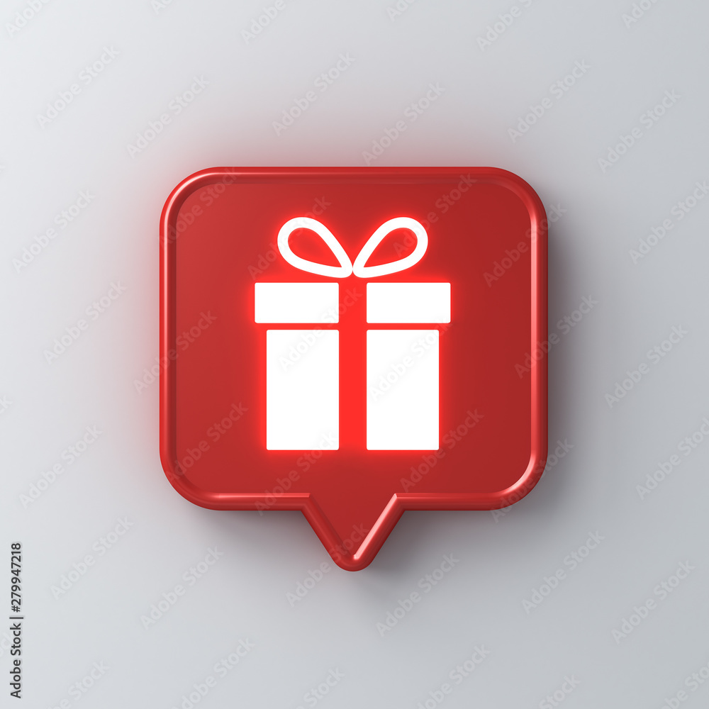 Neon light gift icon in red social media notification speech bubble pin ...