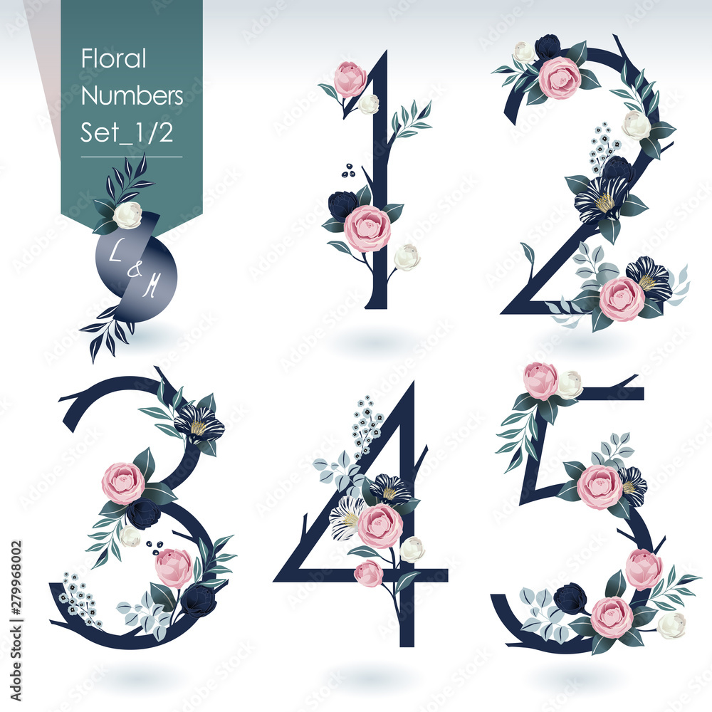 Vector illustration of floral numbers collection in spring. A set of ...