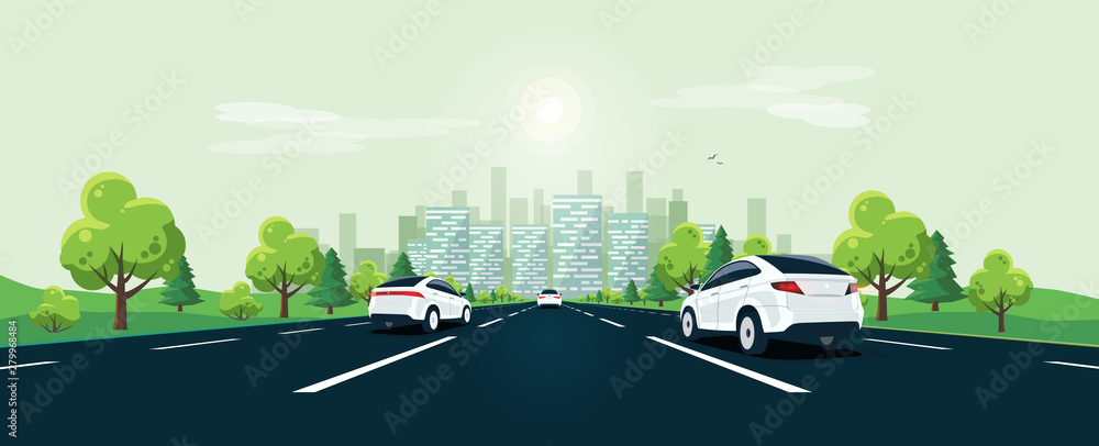 Traffic on the highway panoramic perspective horizon vanishing point ...