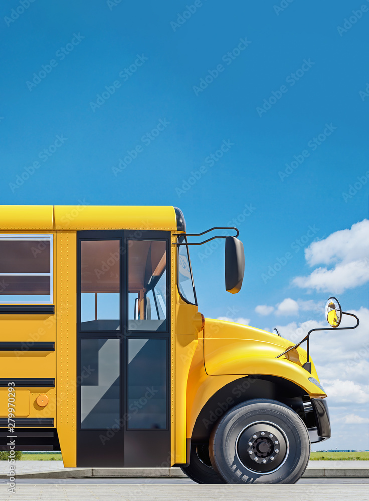 School bus parked on the road, concept of going back to school ...