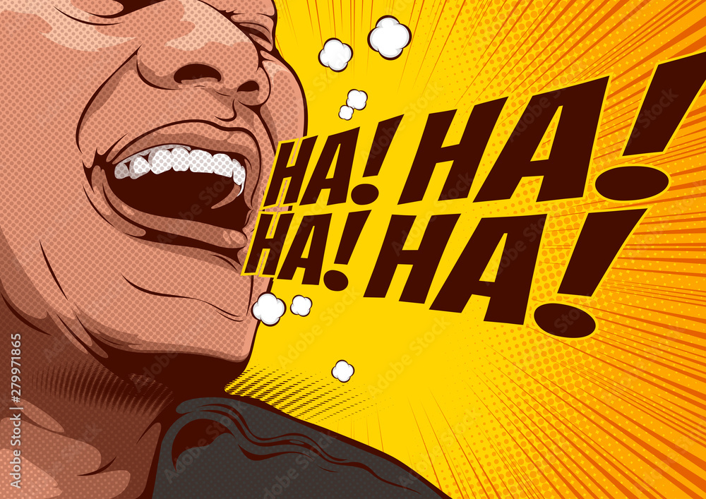 picture of happy laughing man, cartoon comic background, speech bubbles ...