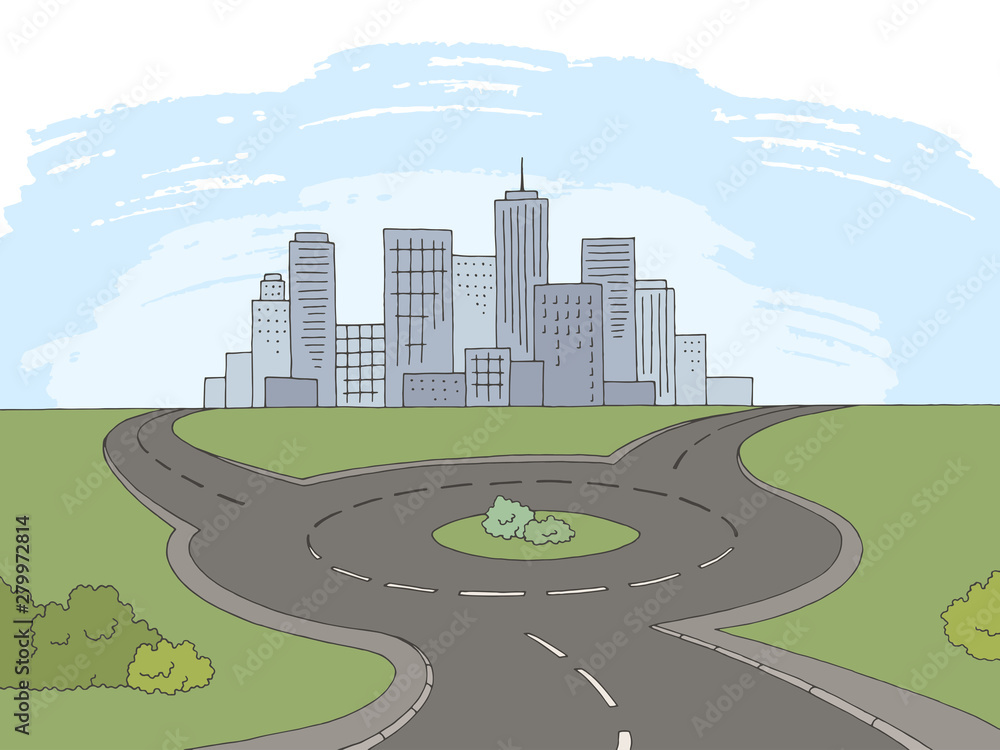 Roundabout road graphic color landscape sketch illustration vector ...