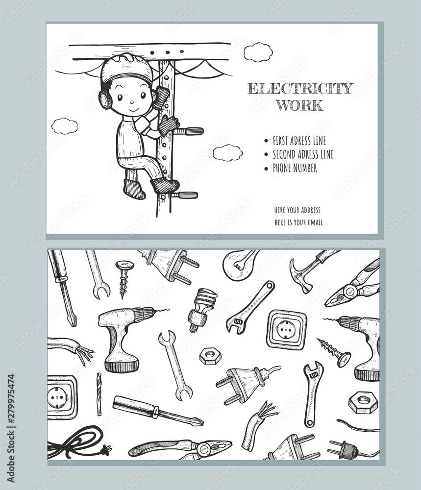 electrician at work. Business card. Vector graphics. Hand drawing. Eps ...