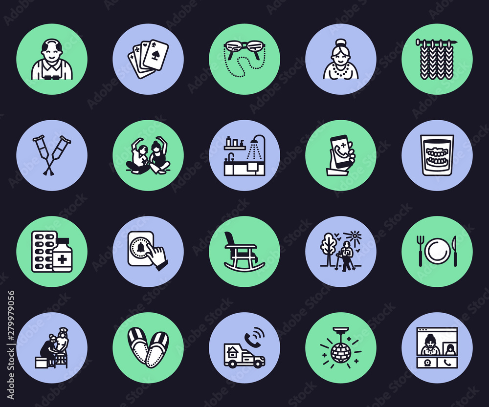 Elderly care vector flat line icons. Nursing home - old people activity ...