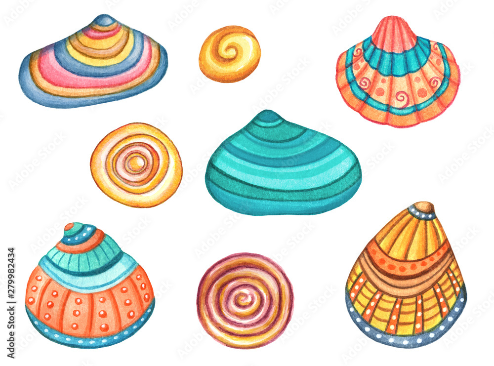 Watercolor colorful sea shells isolated on white background. Hand ...