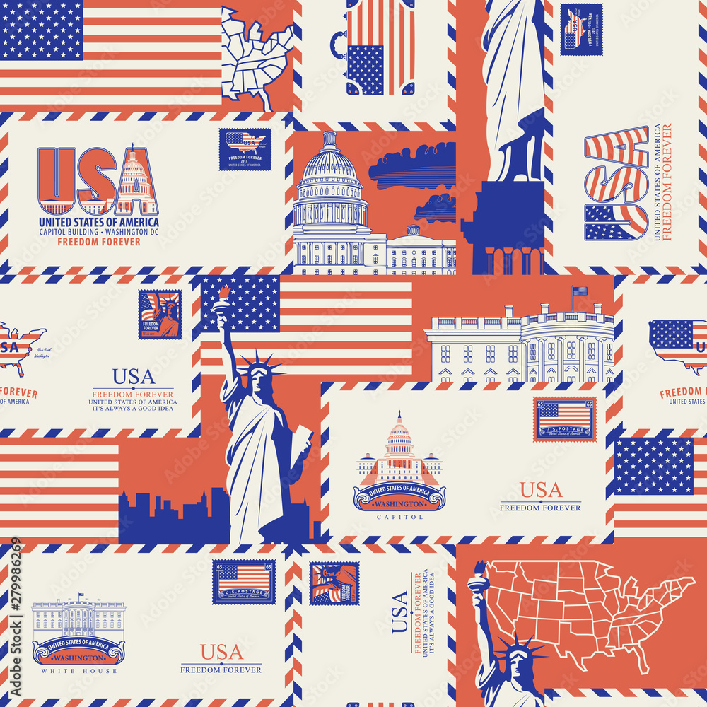 Vector seamless pattern on USA theme with envelopes and postcards ...