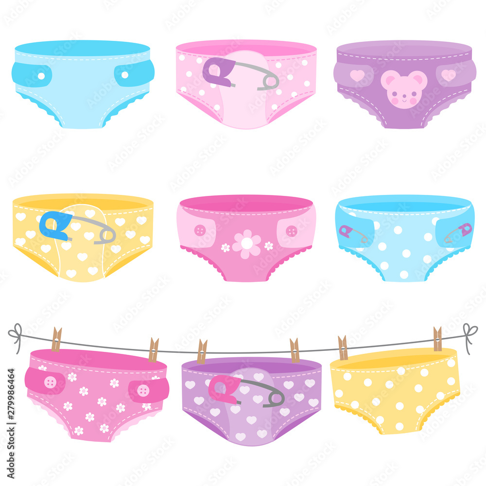 Baby girl and baby boy diaper collection hanging on clothes line ...