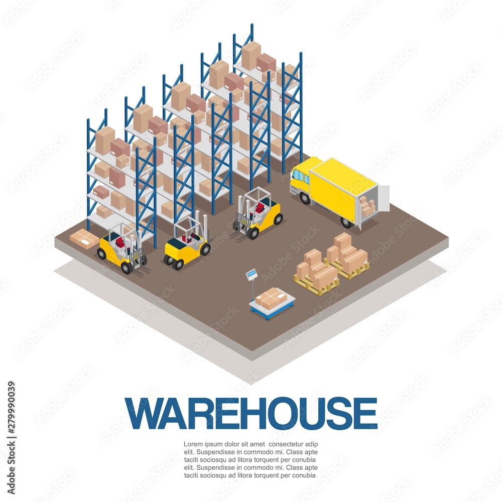 Warehouse with forklifts and truck isometric vector illustration ...
