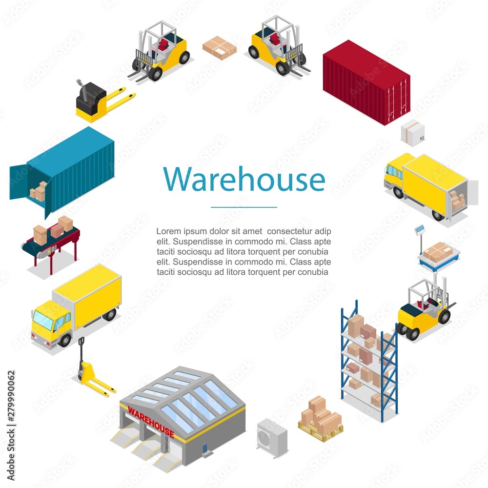 Warehouse, cargo transportation icons in circle vector poster ...