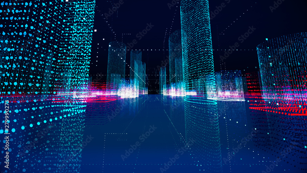 Futuristic matrix hologram city. Digital blueprint of buildings with ...