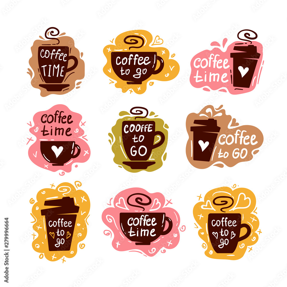 Coffee doodle logo. Restaurant coffee badge, cafe barista menu ...