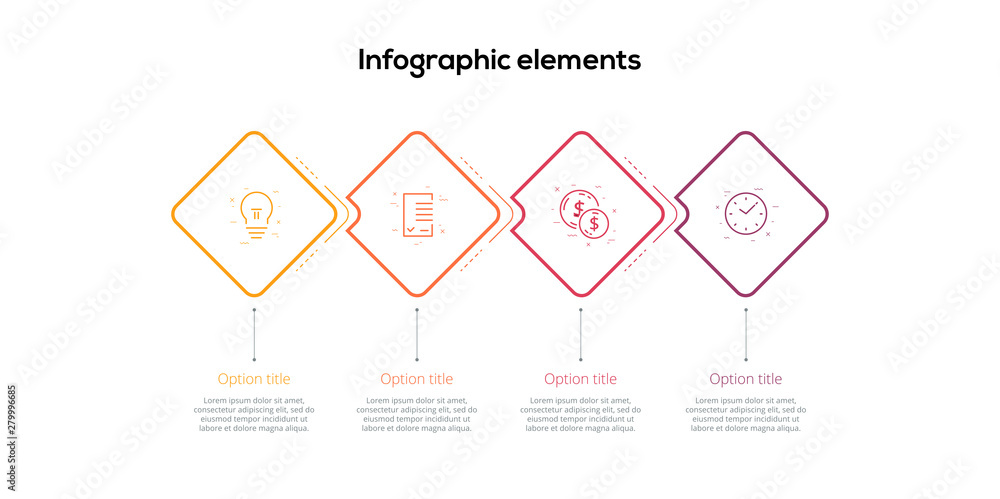 Business process chart infographics with 4 step rhombs. Square ...