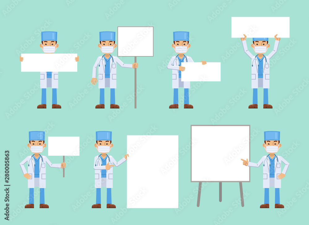 Set of doctor characters posing with different blank banners. Cheerful ...