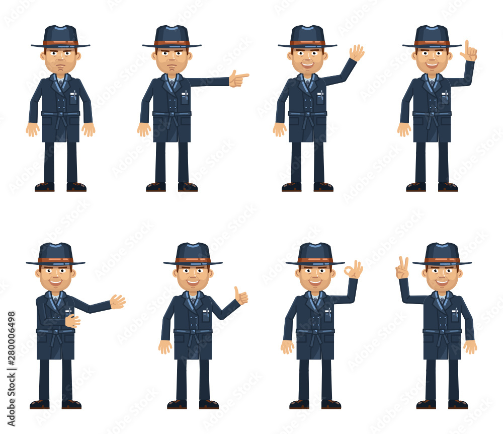 Set of detective characters showing different hand gestures. Cheerful ...