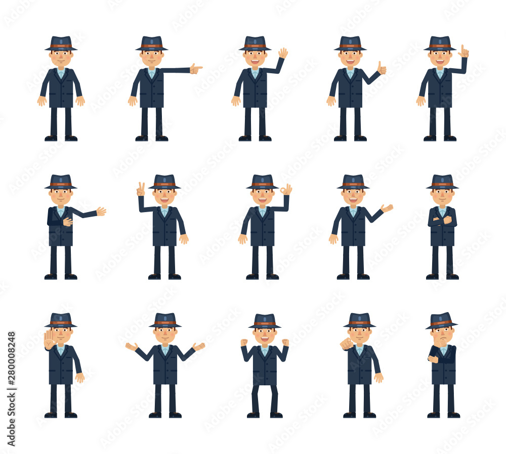 Big set of detective characters showing different hand gestures ...