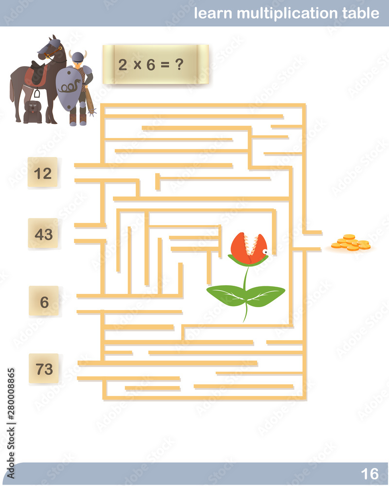 Maze. Learn multiplication table. Labyrinth. Viking Adventure. Vector ...