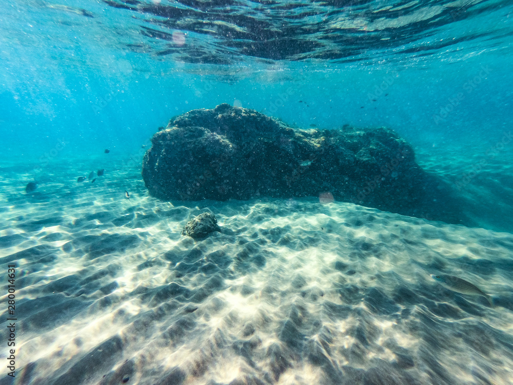 Underwater view of the rocks, sand and stones. The sandy and rocky ...