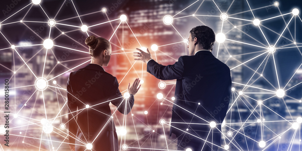 Concept of social connection and networking against night city view and ...