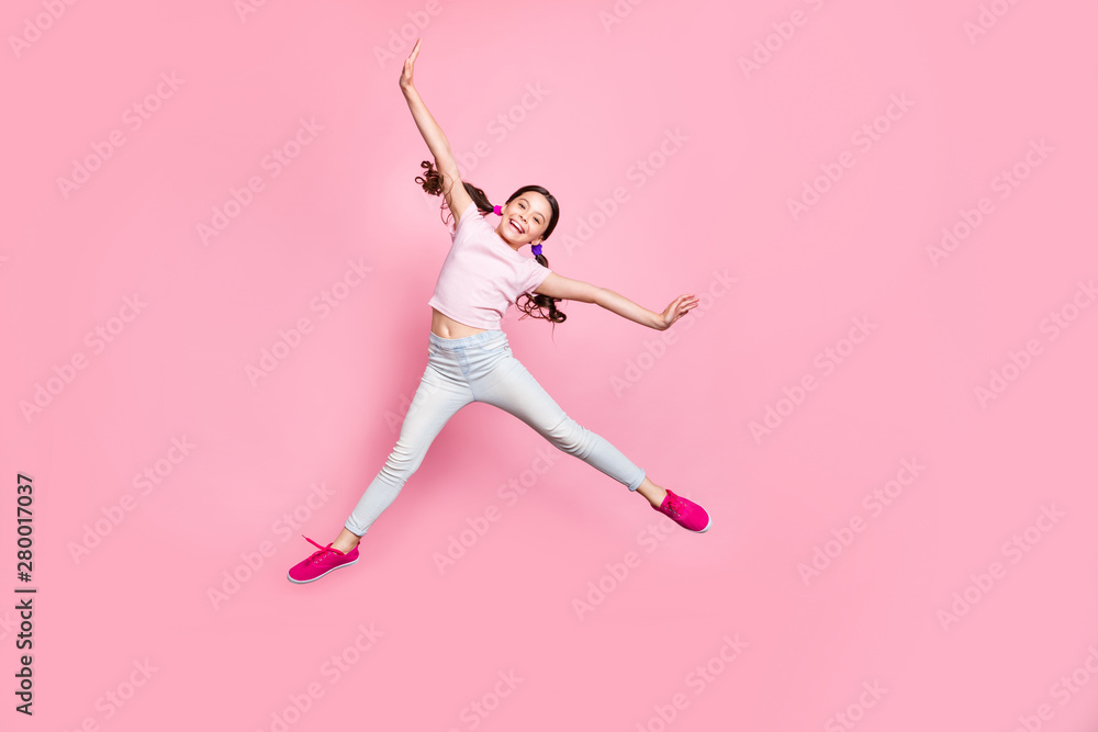 Full size photo of little lady jumping high making star shape figure ...
