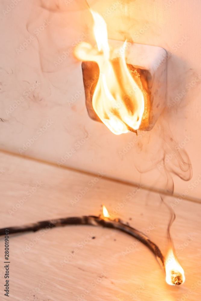 Electrical short circuit. Failure caused by burning wire and rosettes ...