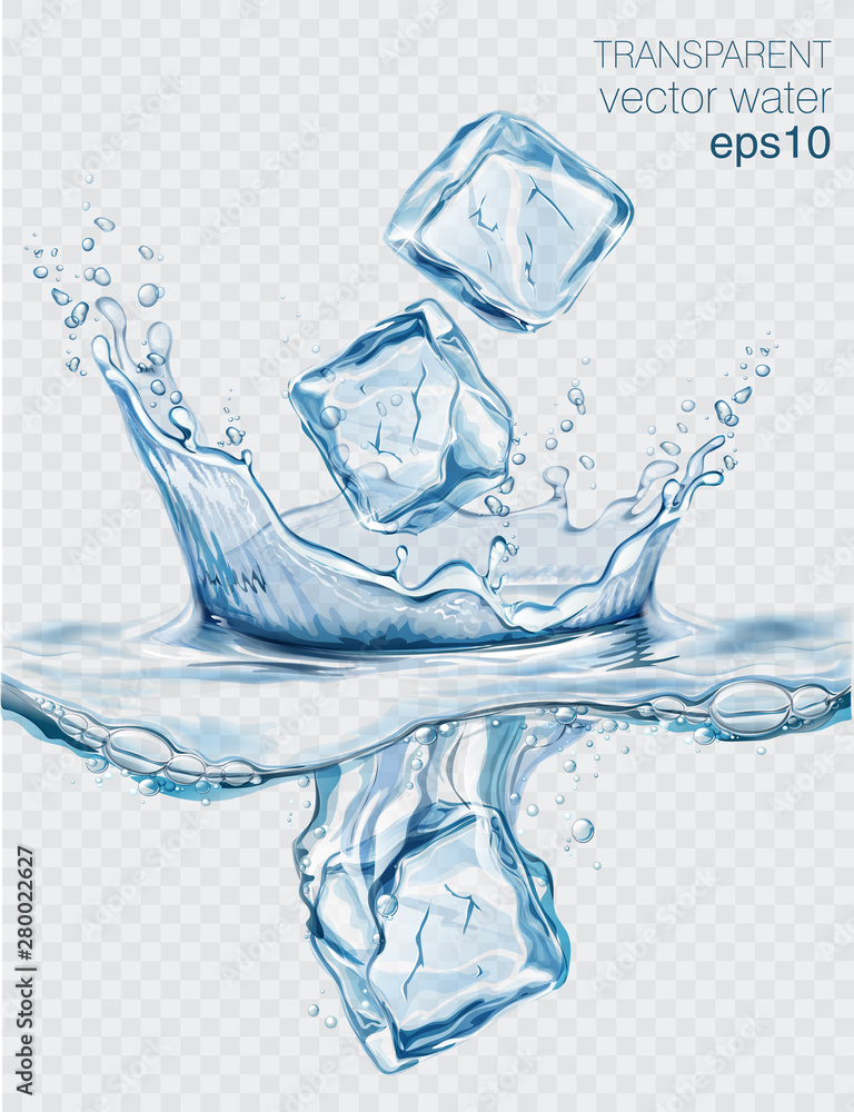 Transparent vector water splash and ice cubes on light background Stock ...