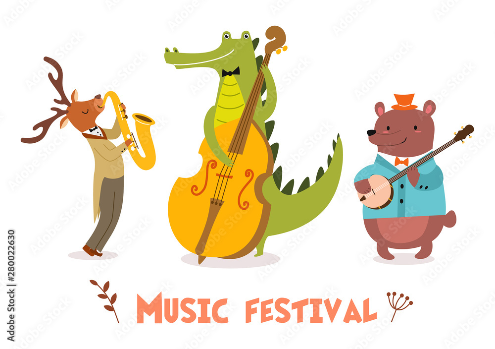 Stylish card or poster with cute animal band in cartoon style isolated ...