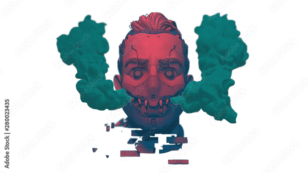 Surreal digital illustration of a cyborg head in a futuristic scary ...