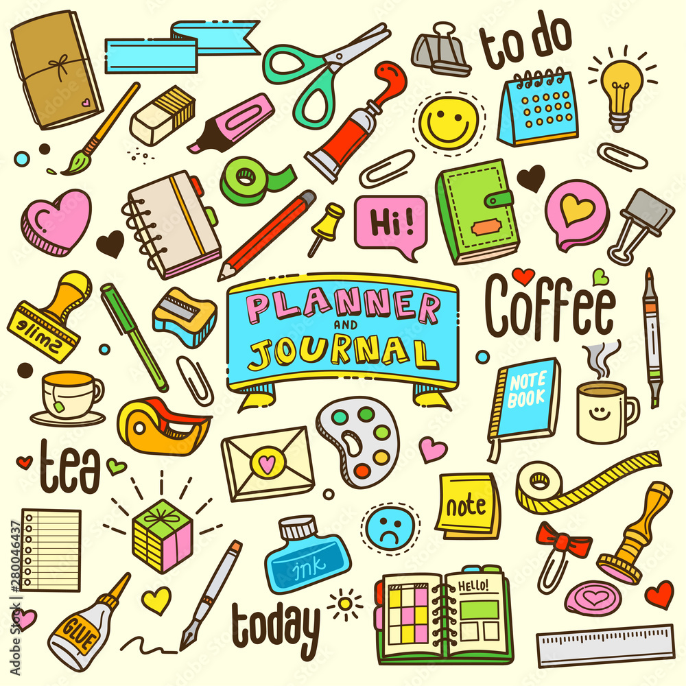 Planner and Journal related object and element collection. Hand drawn ...