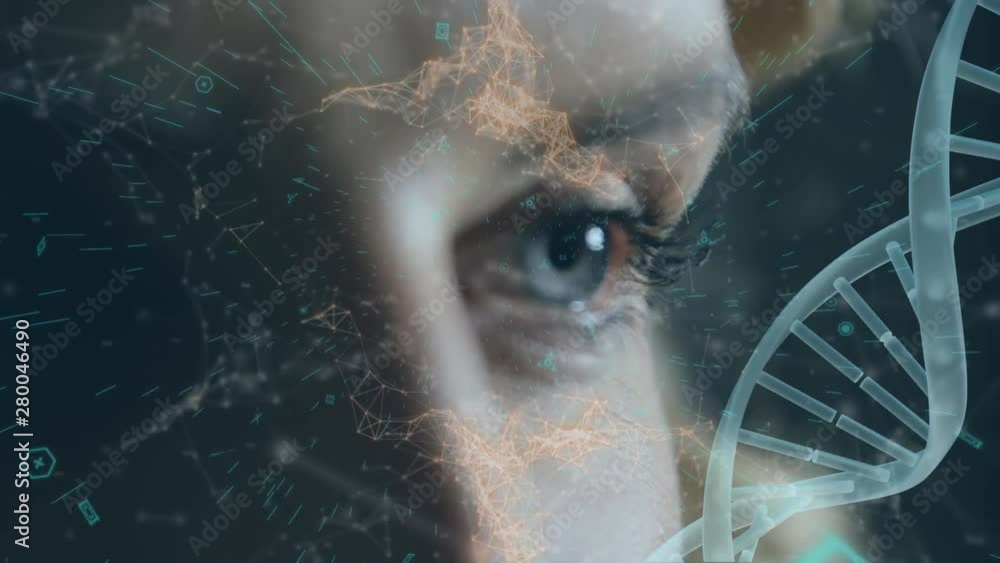 Eyes of a woman and DNA double helix with asymmetrical lines and ...