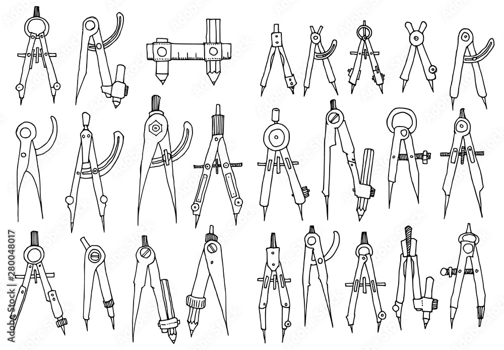 Set of compass Drawing illustration Hand drawn doodle Sketch line ...
